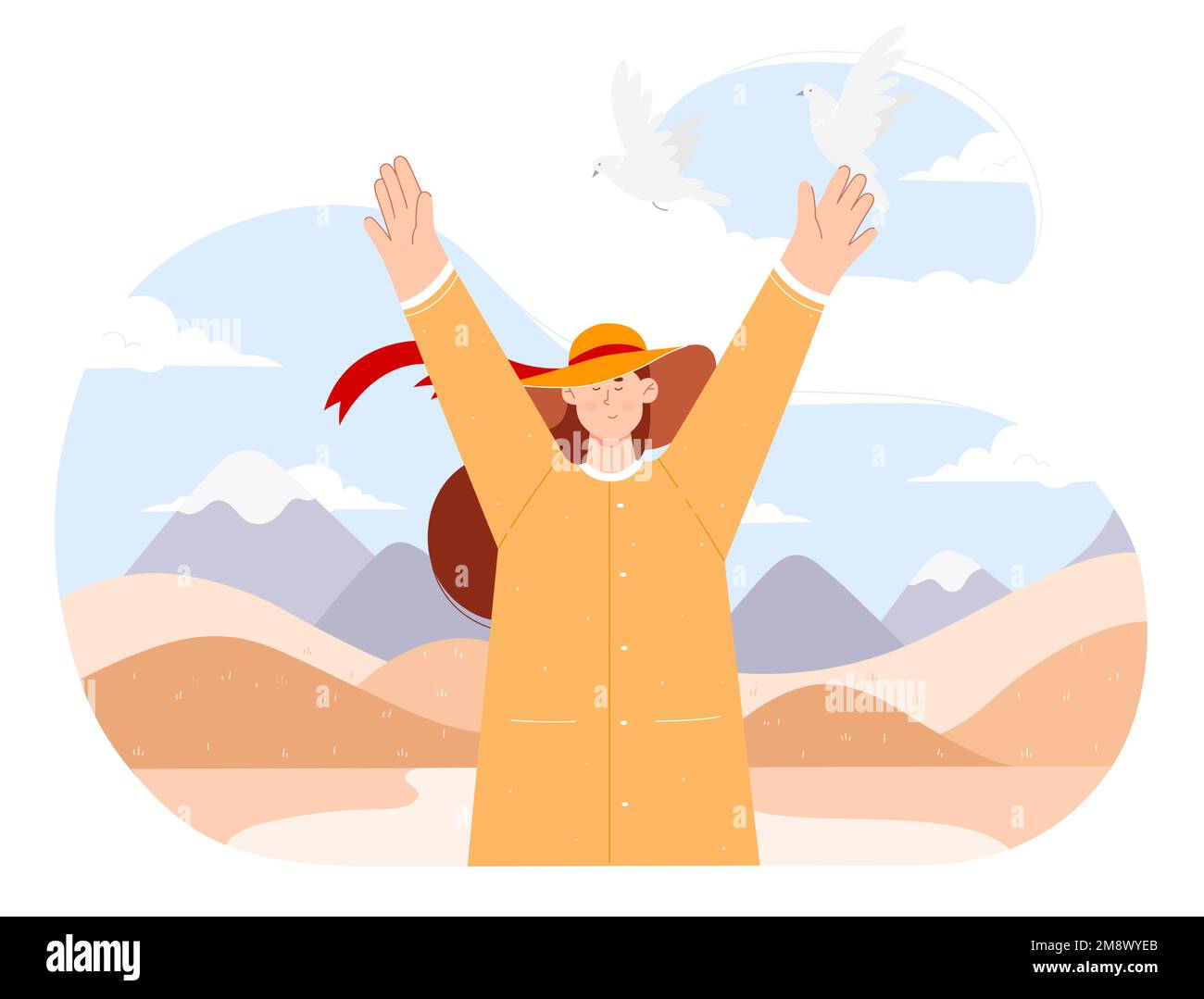 Happy walk of young woman in nature vector illustration. Cartoon girl ...