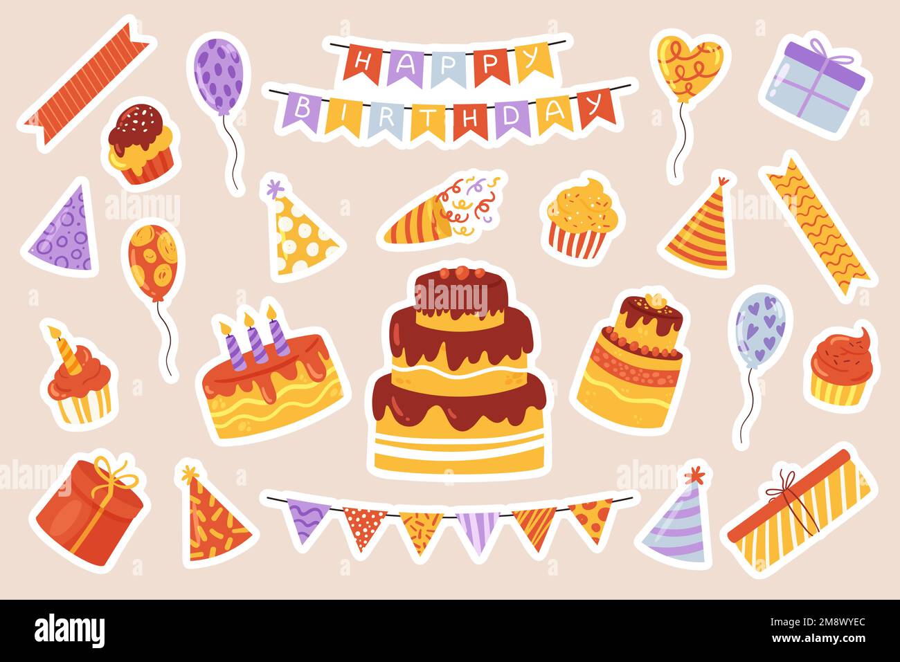 Birthday fun party celebration set, cartoon cute sticker collection ...