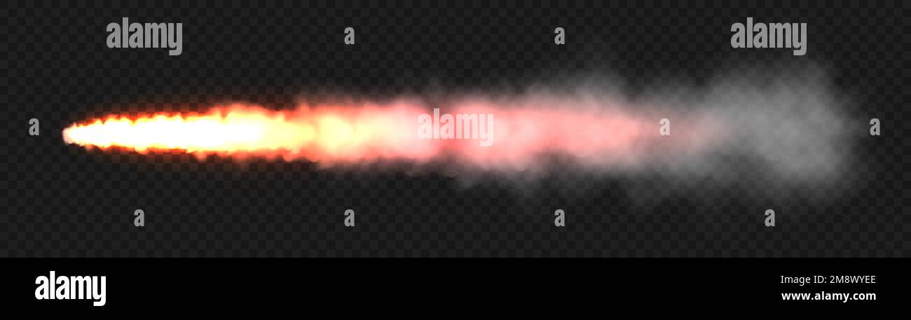 Realistic white smoke with fire, space rocket launch trail. Fire burst ...