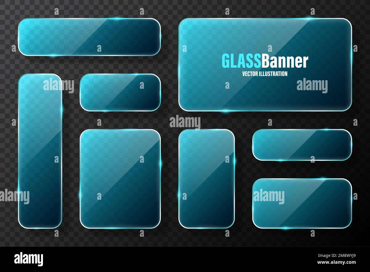 Realistic glass frames collection. Blue transparent glass banners with ...