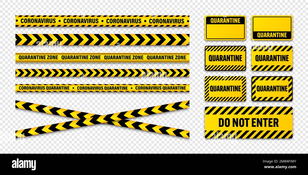Various quarantine zone warning tapes and shields. Novel coronavirus ...
