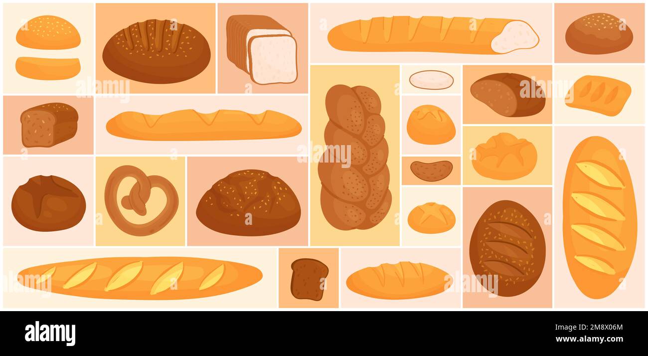 Cartoon bread and baguette from wheat and rye flour, fresh bun and ...