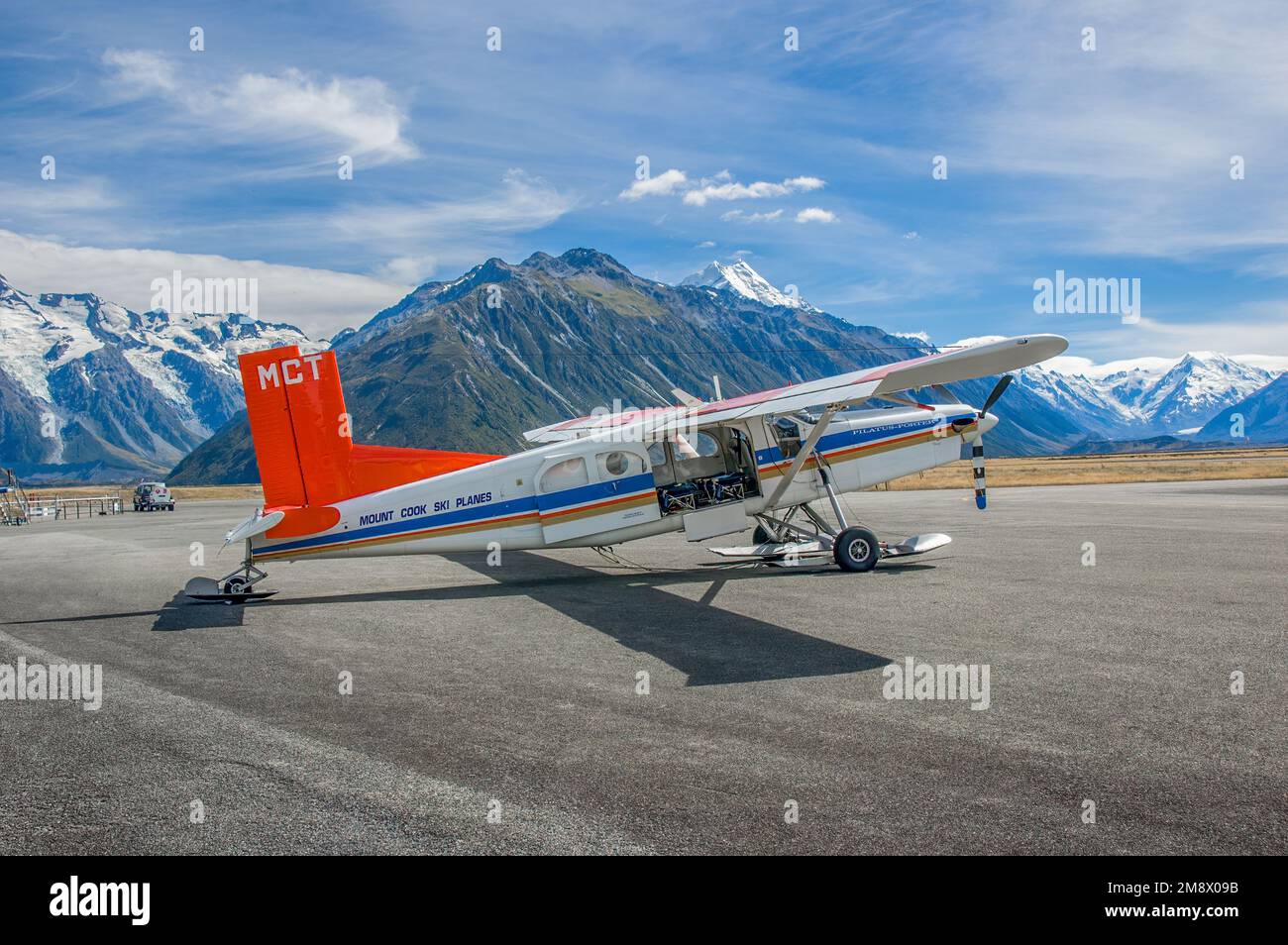 A ski plane standing at Mount Cook Airport ready to fly tourists on a ...