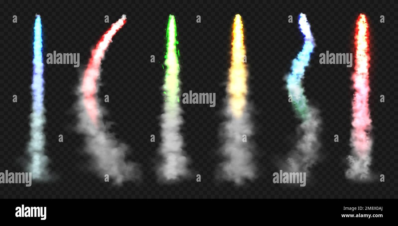 Realistic colorful space rocket trails. Festive fireworks launch. Fire ...