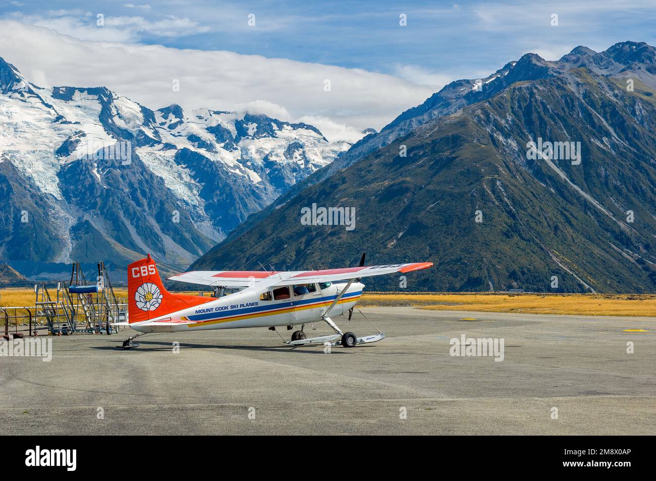 A ski plane standing at Mount Cook Airport ready to fly tourists on a ...