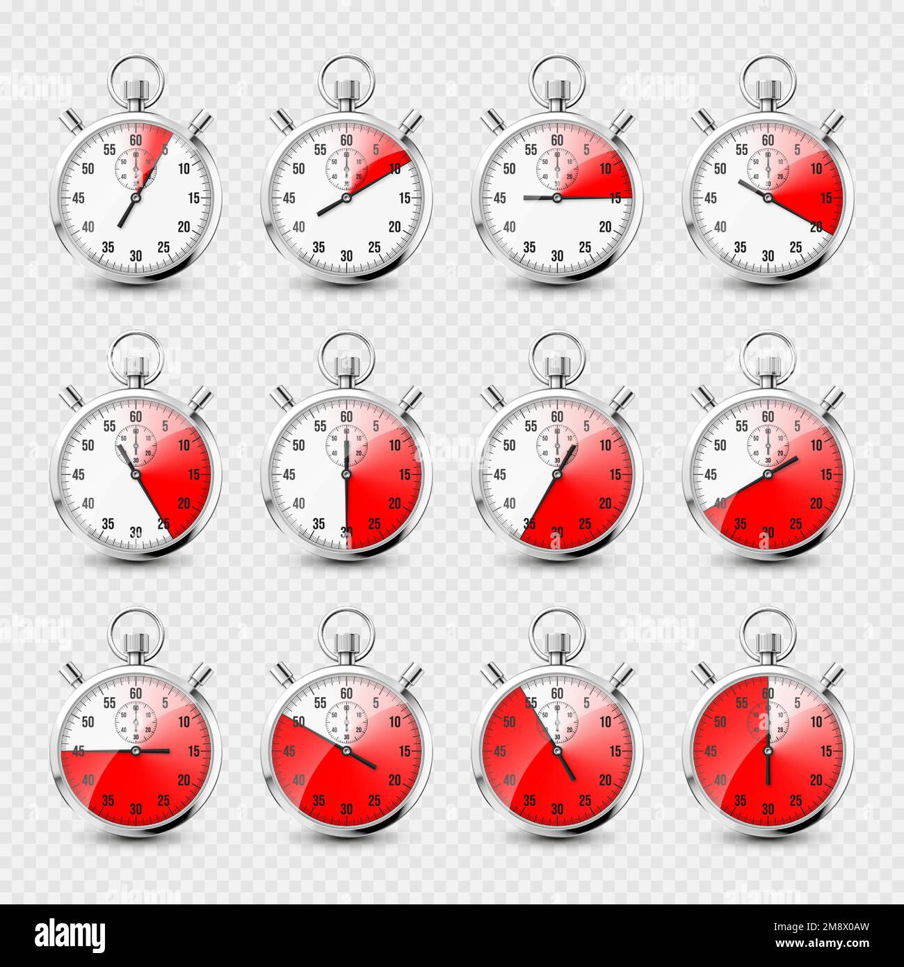 Realistic classic stopwatch icons. Shiny metal chronometer, time ...