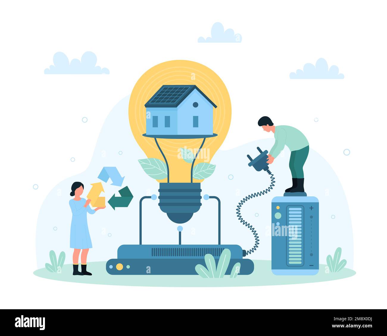 Eco energy vector illustration. Cartoon tiny people hold recycling sign ...