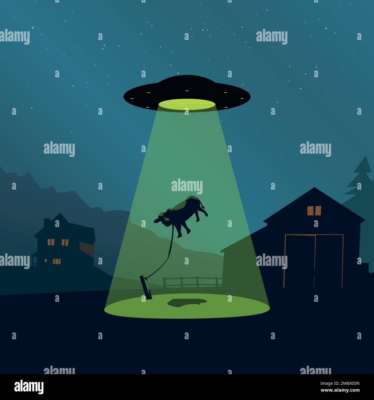 a ufo spaceship abducting cow from village Stock Vector Image & Art - Alamy