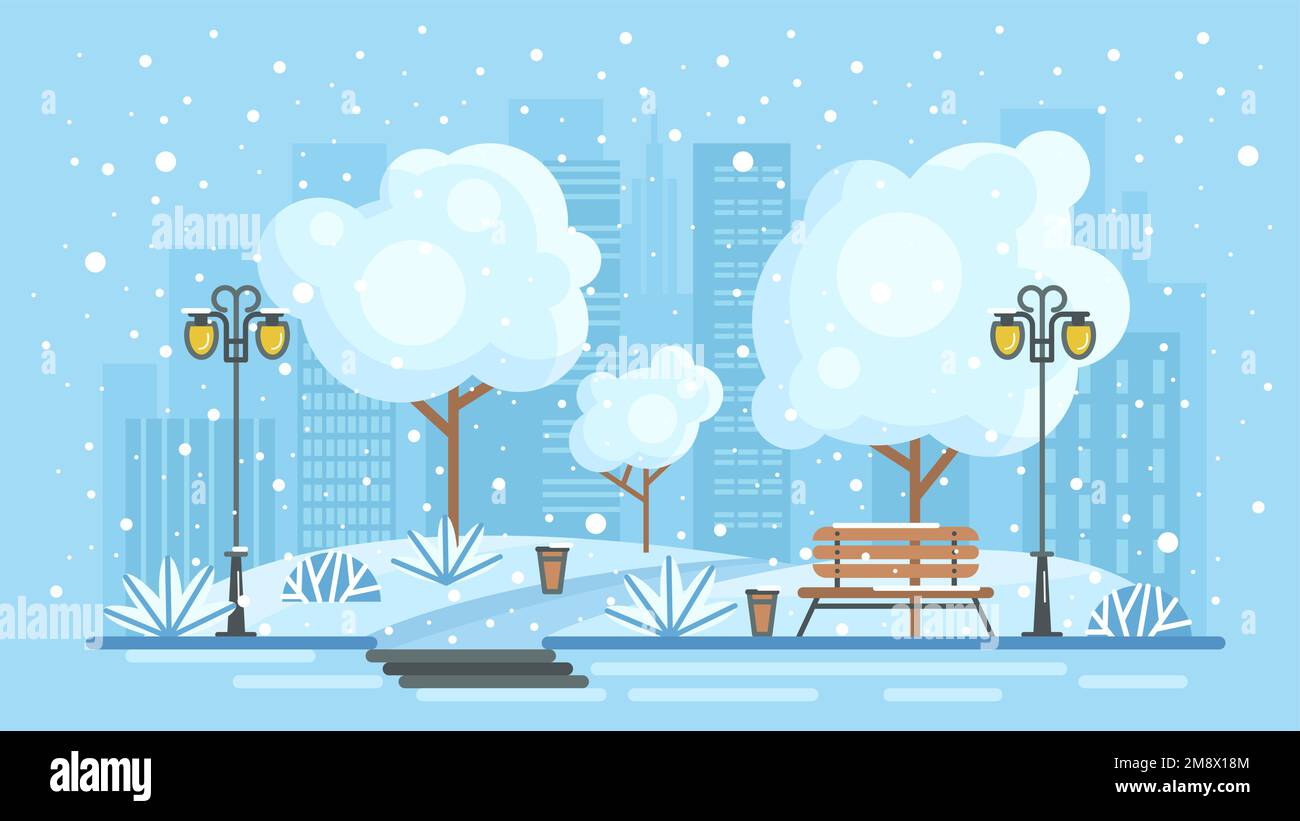 Winter snowy landscape of city vector illustration. Cartoon blue ...