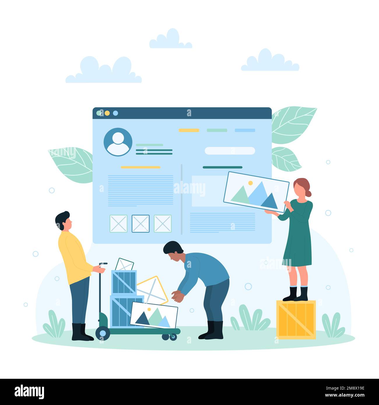 Website design, wireframe technology vector illustration. Cartoon tiny ...