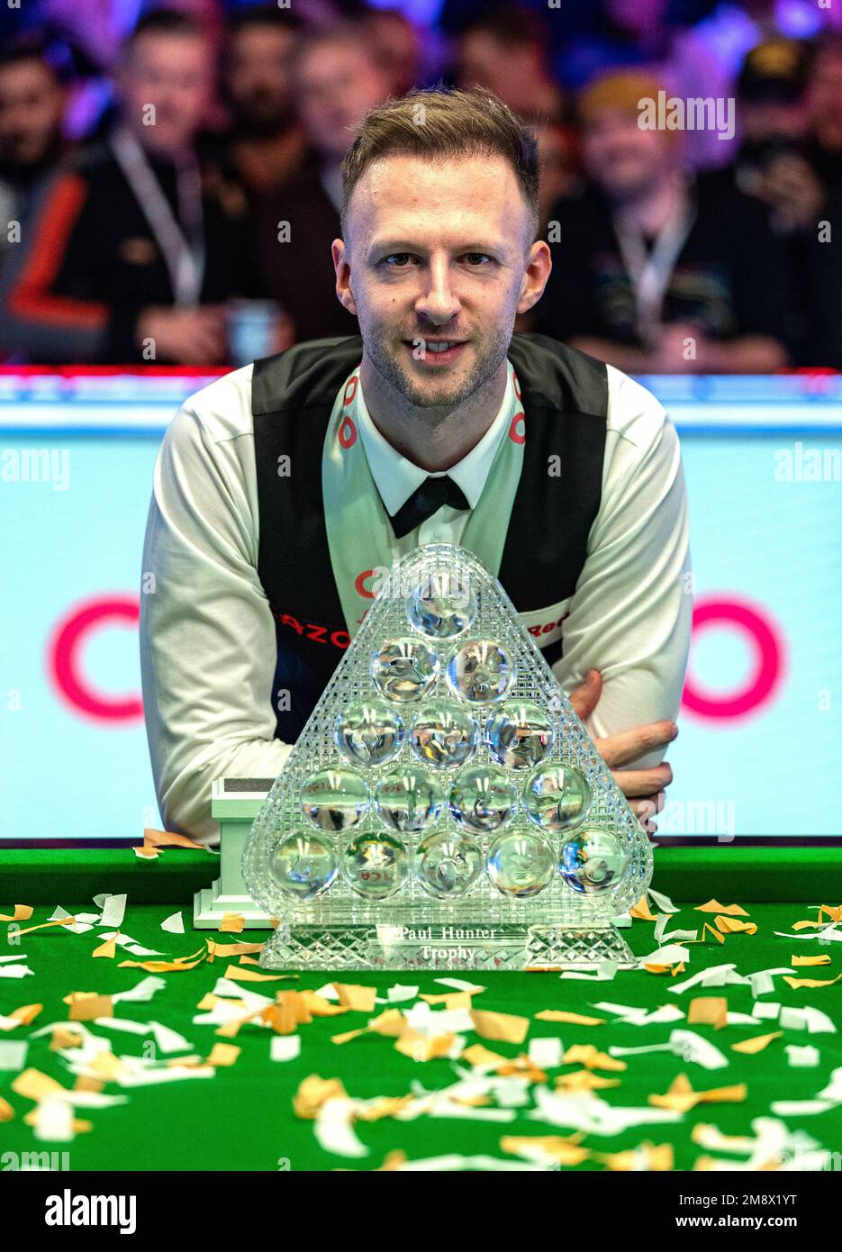 Judd Trump celebrates with the Paul Hunter Trophy after winning the ...