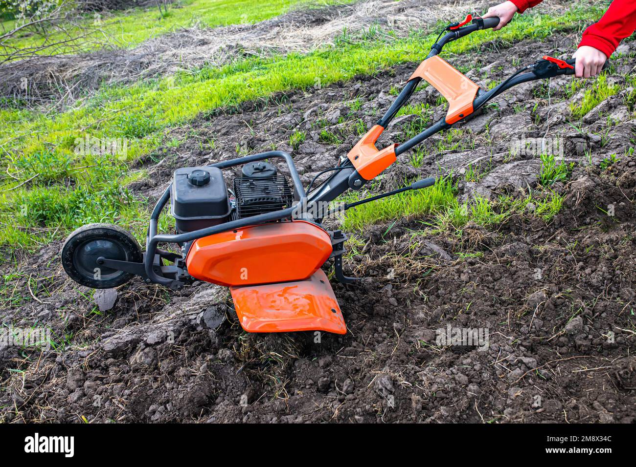 Motor cultivator with a raised front wheel and a furrow inserted into ...