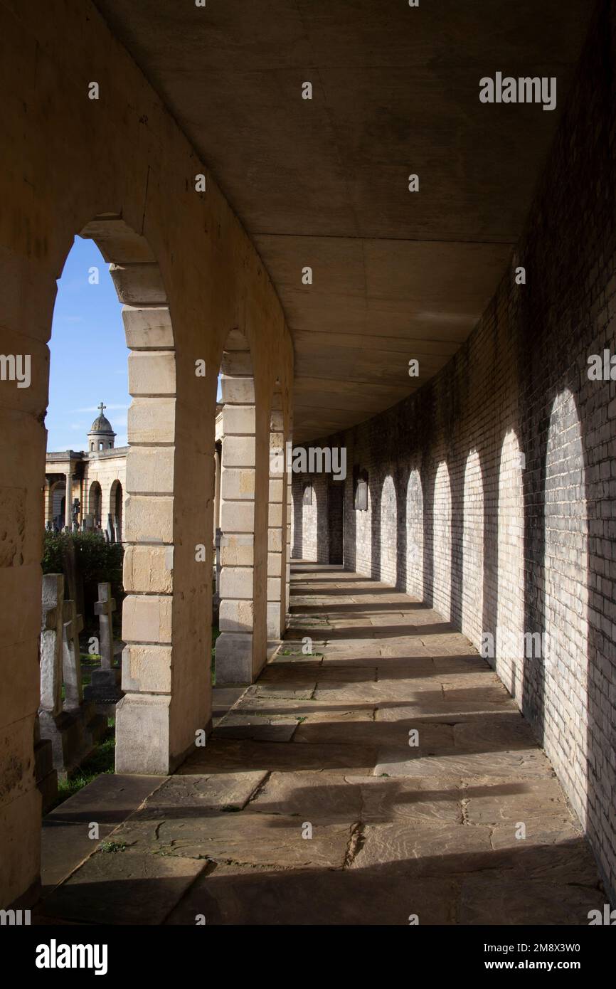 Sunlight casting shadows across Brompton Cemetery's distinctive ...