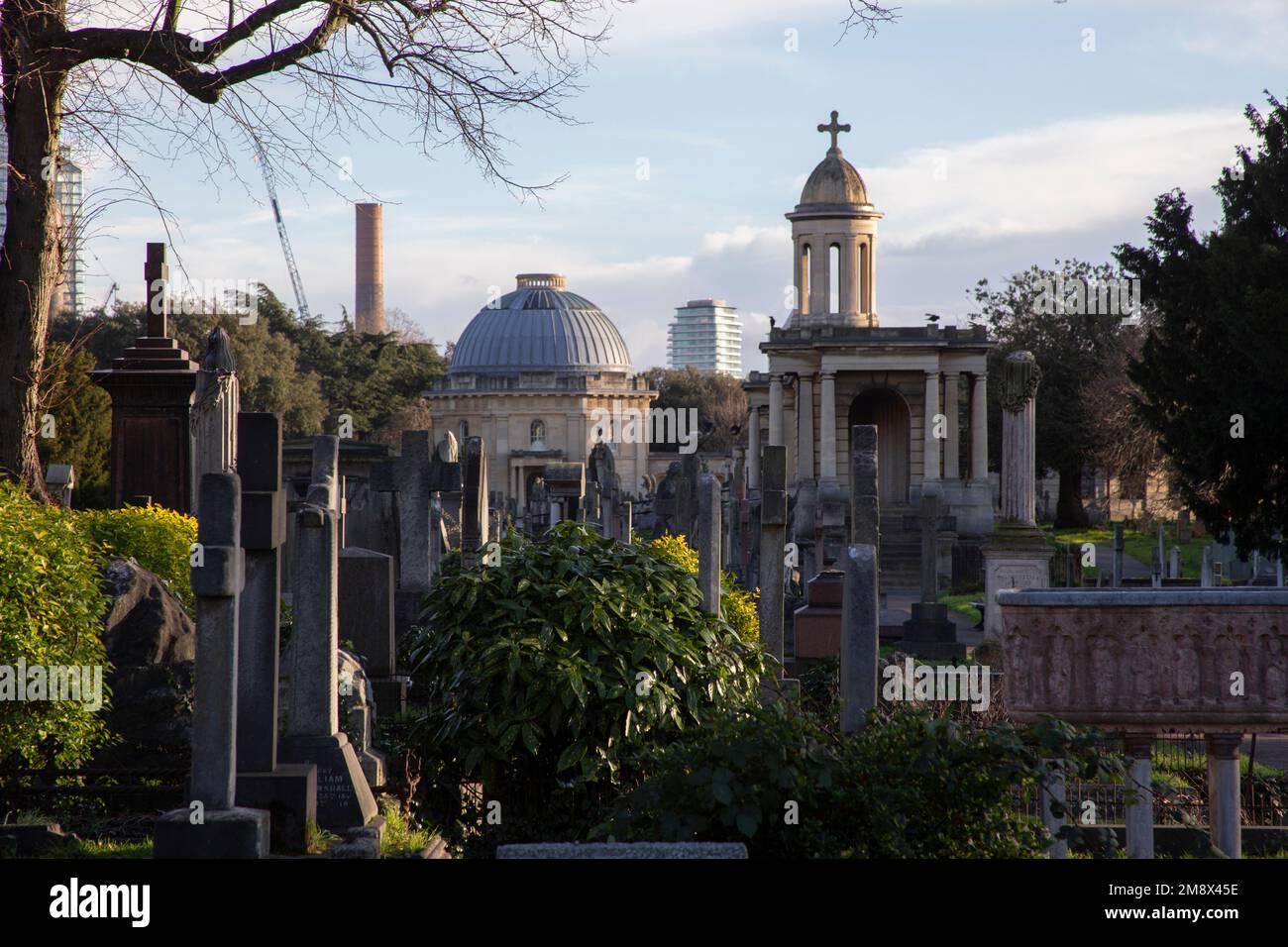 Graves and the chapel at Brompton Cemetery, West London England UK ...