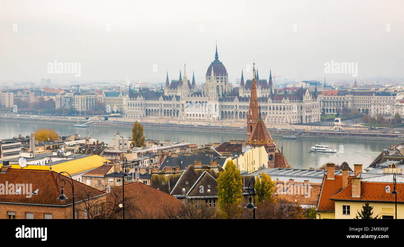 Budapest cityscape view across Danube river with city parliament at day ...
