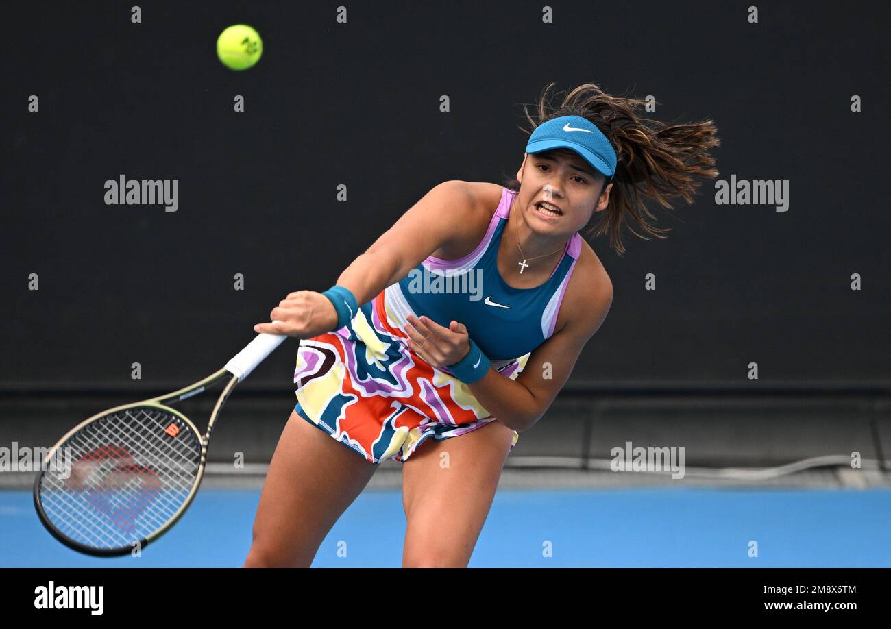 Emma Raducanu of Great Britain serves during her Women’s Singles 1st round match against Tamara ...