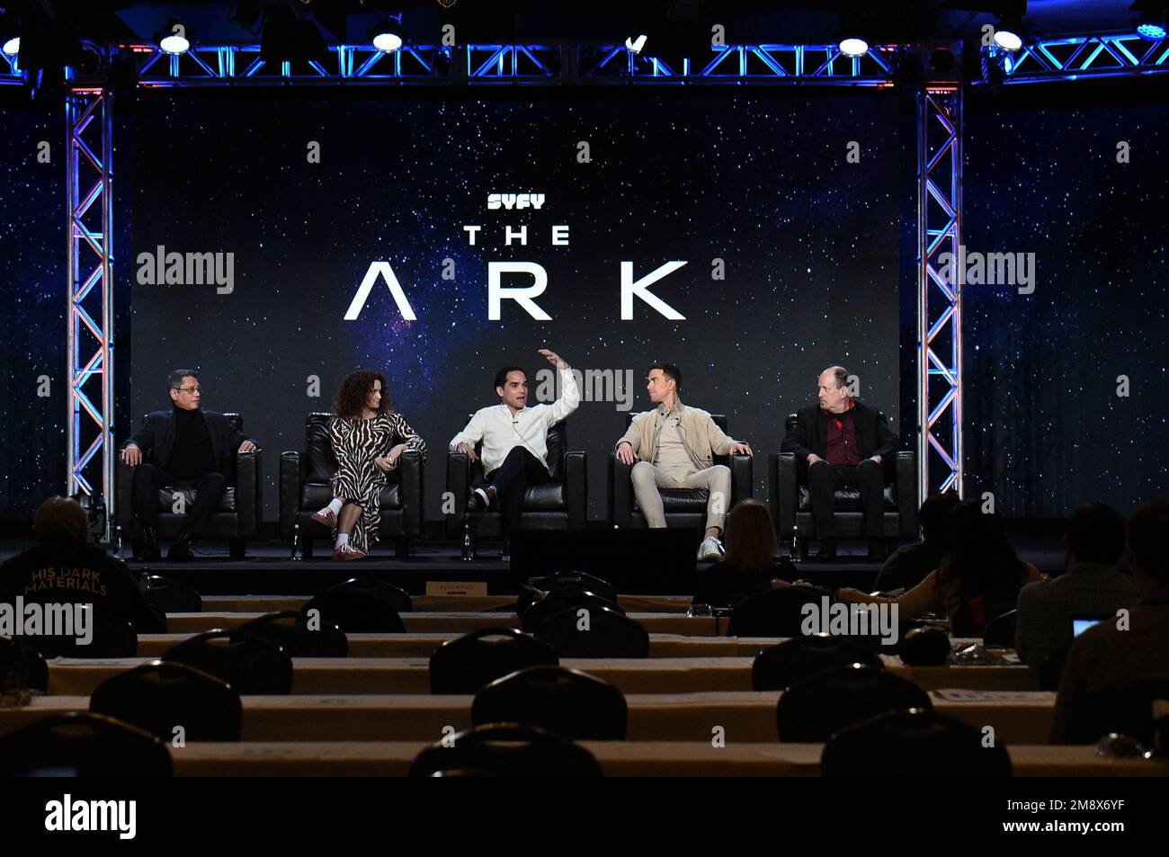 Dean Devlin, from left, Christie Burke, Reece Ritchie, Richard Fleeshman and Jonathan Glassner ...