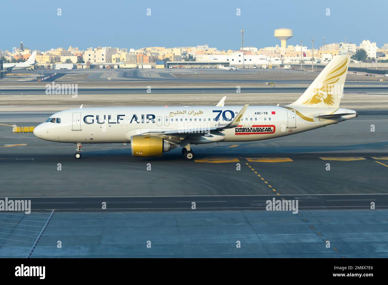 Gulf Air Airbus A320neo aircraft taxiing at Bahrain Airport. Airplane ...