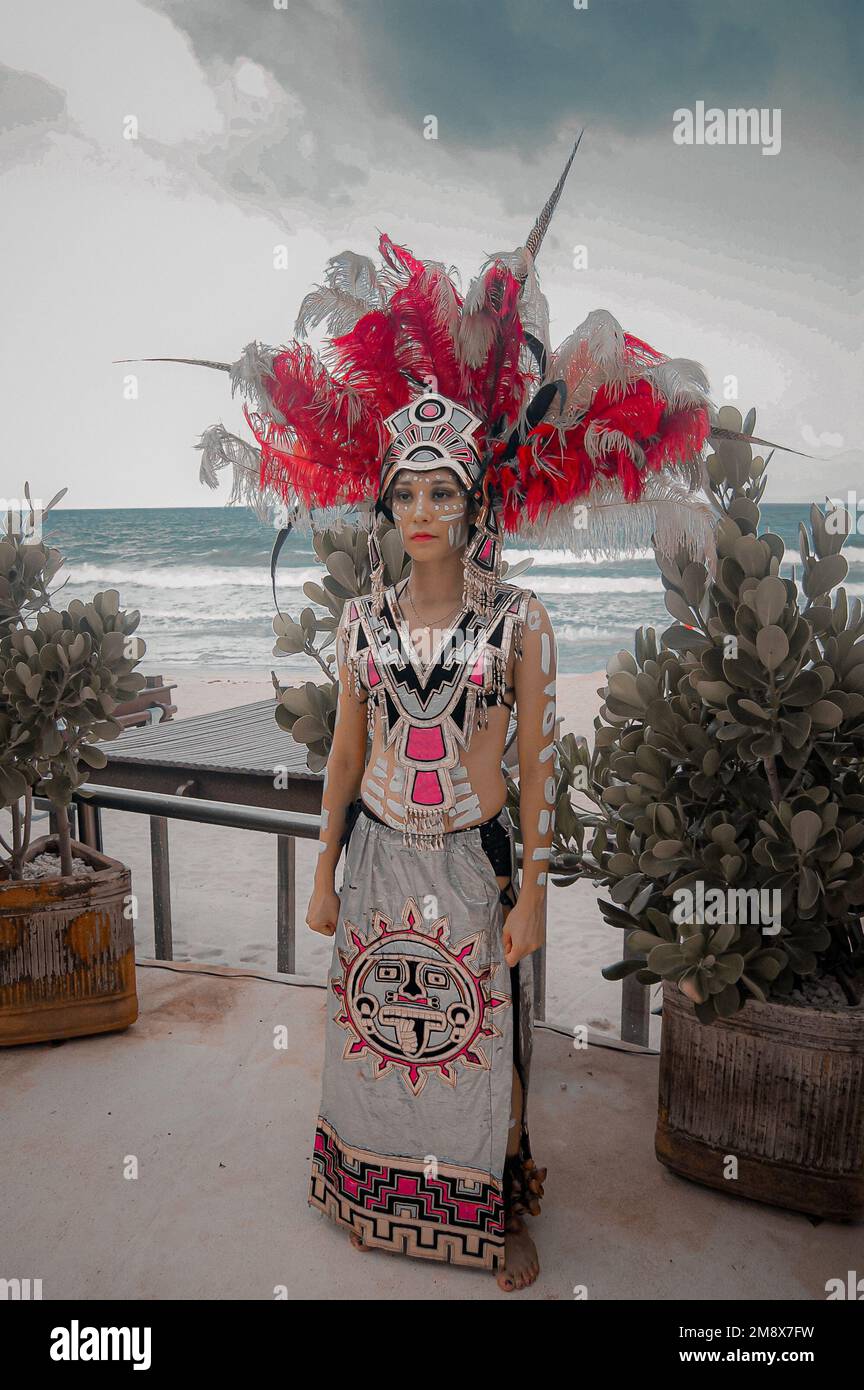 Faces of Mexico: Young Woman Wears Ceremonial Garb in Cancun Stock ...