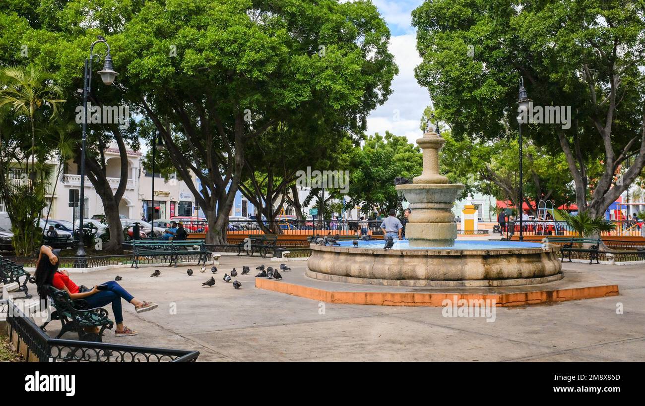 Fountain in Santiago park, in the Santiago neighbourhood in Merida ...