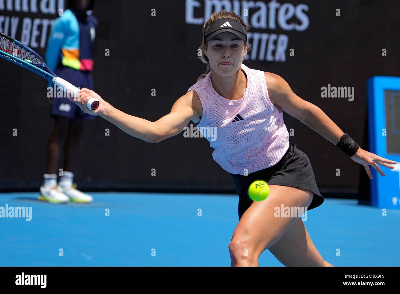 Anna Kalinskaya of Russia plays a forehand return to Danielle Collins of the U.S. during their ...