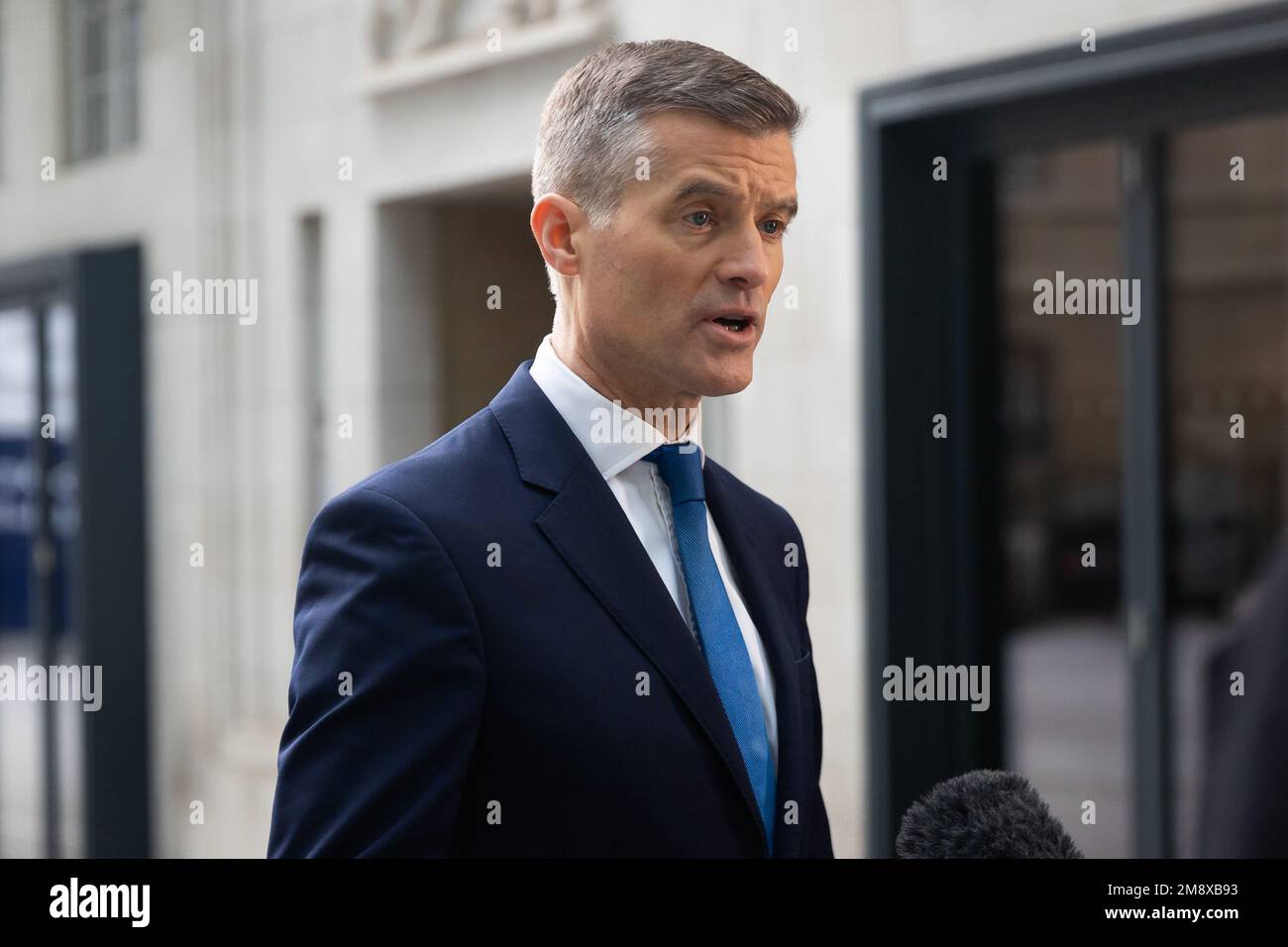 London, UK. 15th Jan, 2023. Mark Harper is interviewed outside BBC ...