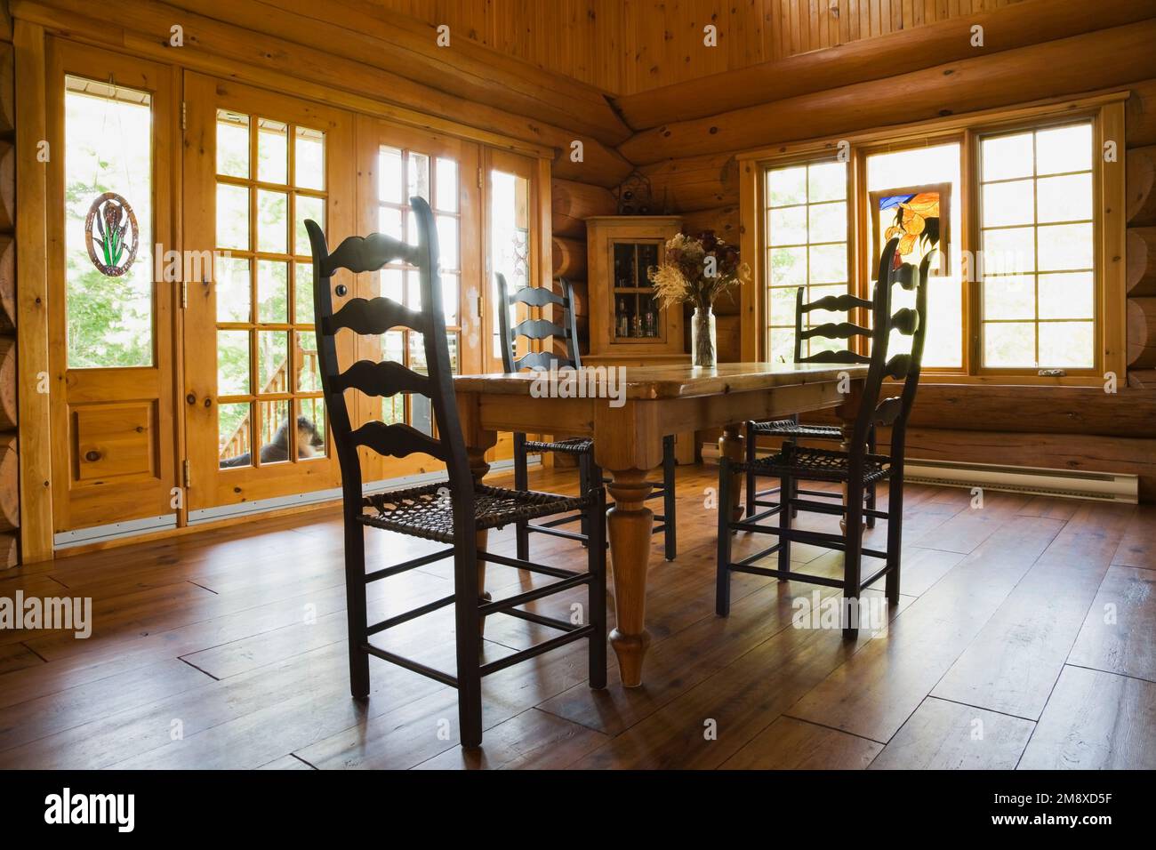 Antique pinewood dining table with high back woven rawhide seat chairs ...