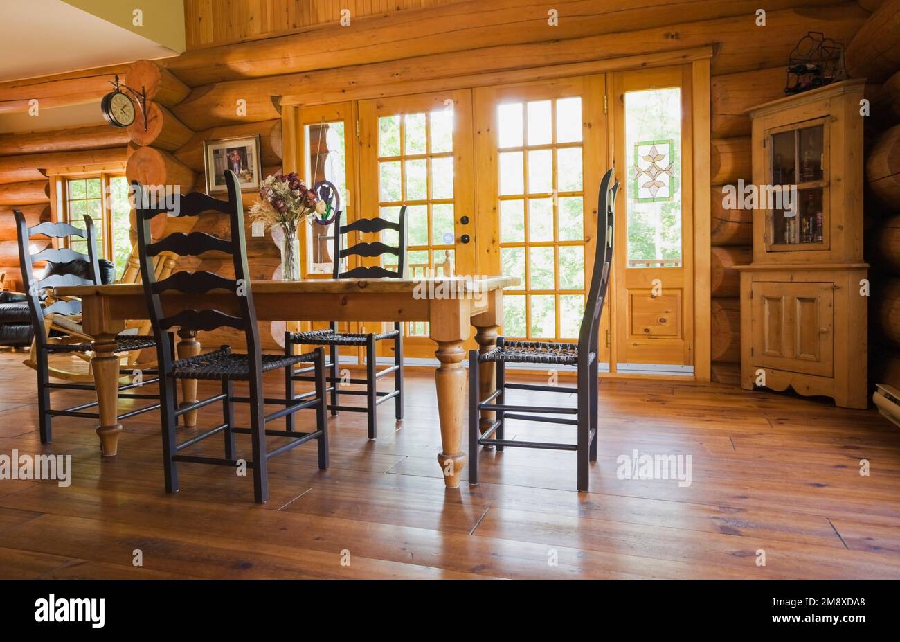 Antique pinewood dining table with high back woven rawhide seat chairs ...