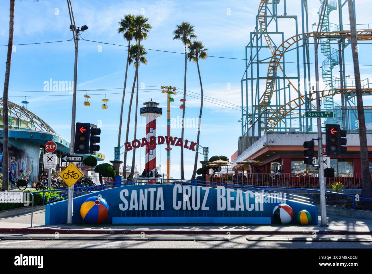 Santa Cruz Beach Boardwalk sign at the entrance to the amusement park ...