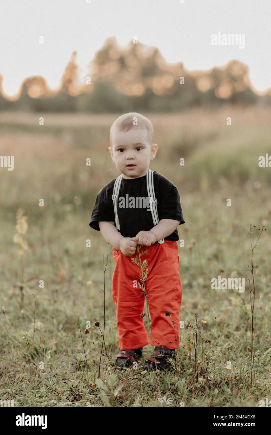 little baby boy standing in the field on the grass in summer. Added ...