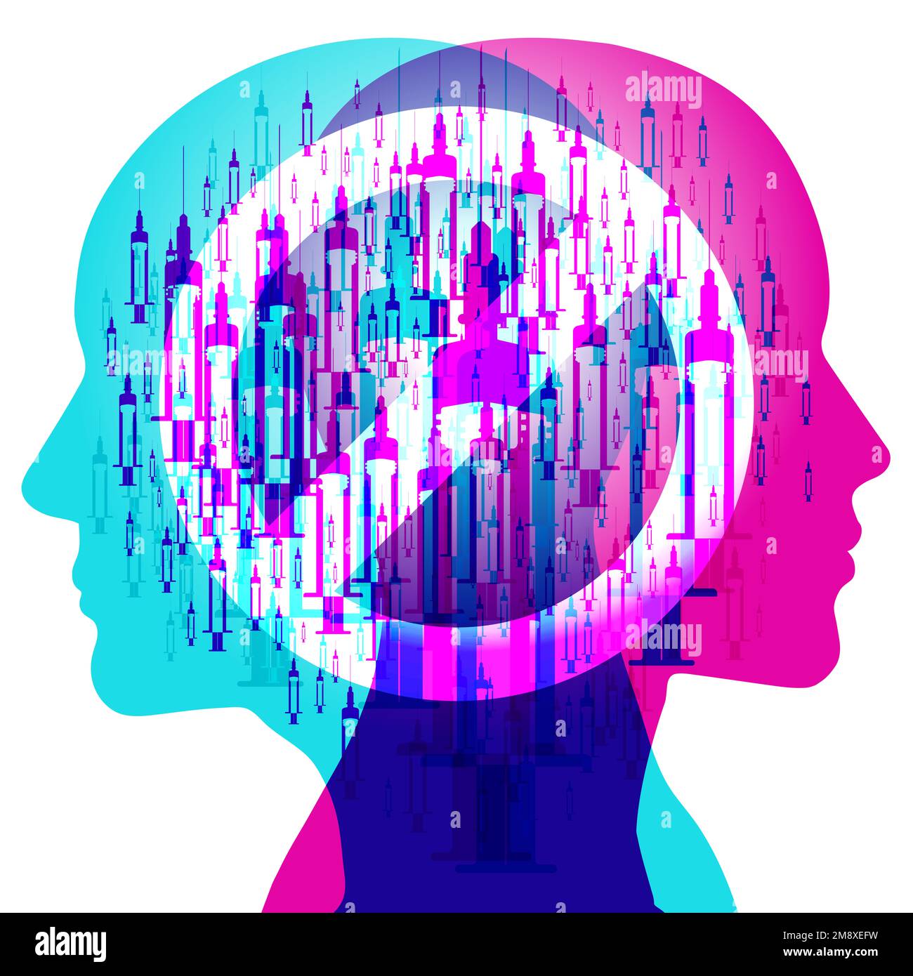 2 side back-to-back figure silhouette overlaid with various sized semi ...