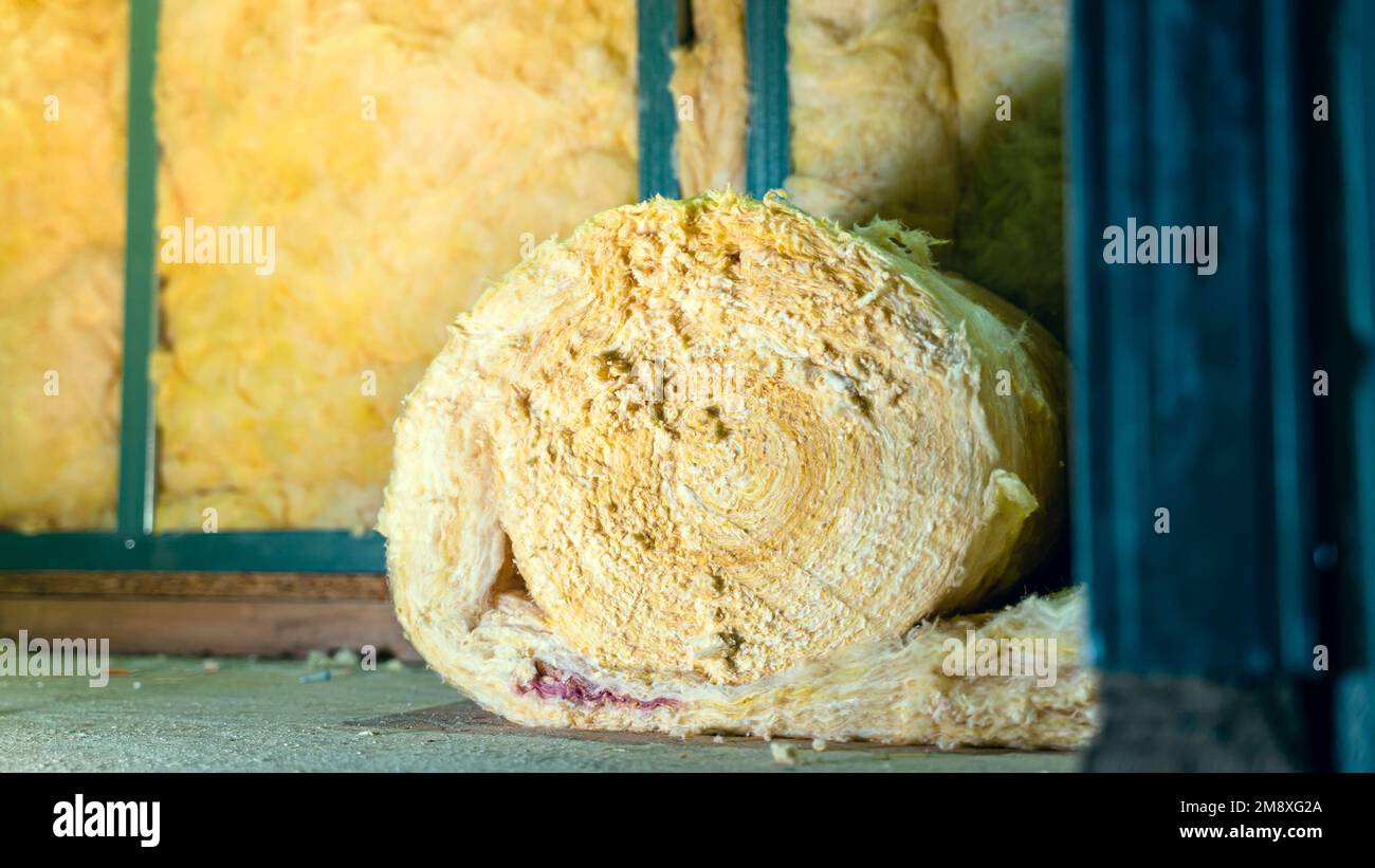 Roll of glass wool in the cut close-up. Insulation of the interior wall ...