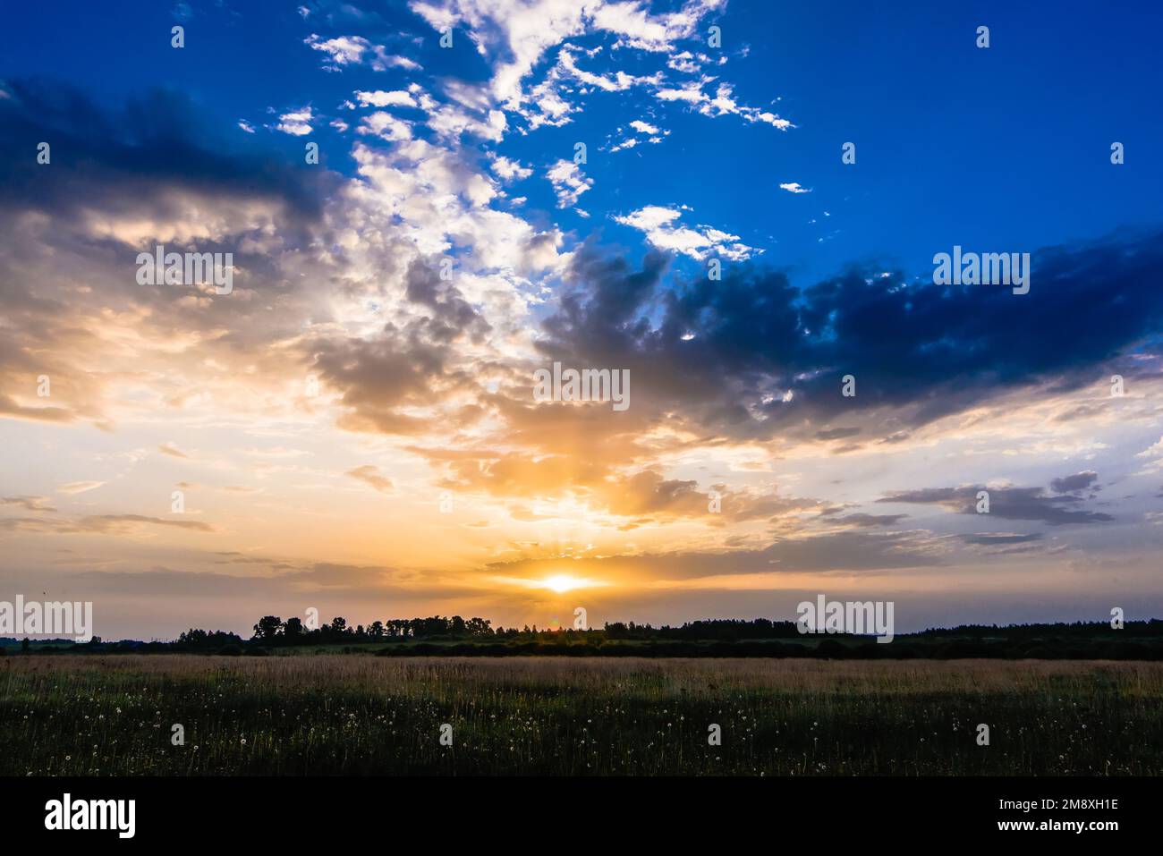 summer morning landscape with colorful sunrise and sun rays in the sky ...