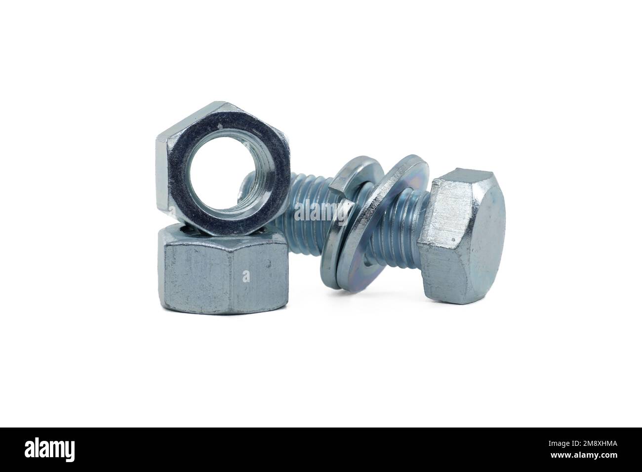 Male screw and hexagon nut, flat nut washer and spring washer coated ...