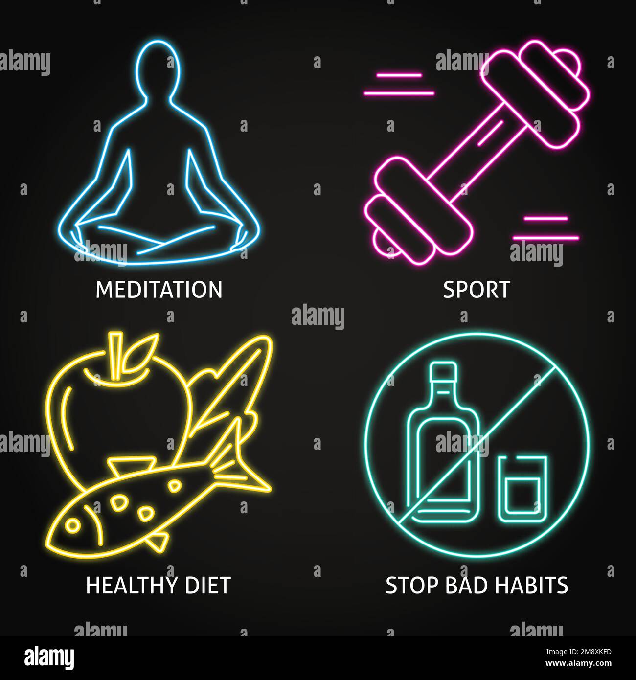 Neon healthy lifestyle icon set. Physical activity, good food, avoid ...