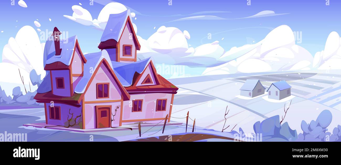 Winter countryside with house, farm buildings, white field under blue ...