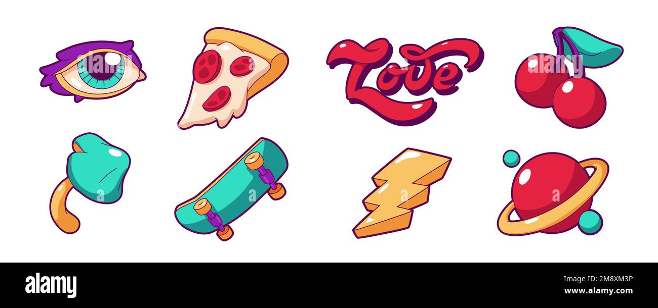 Retro groovy stickers with planet, lightning, mushroom and skateboard ...