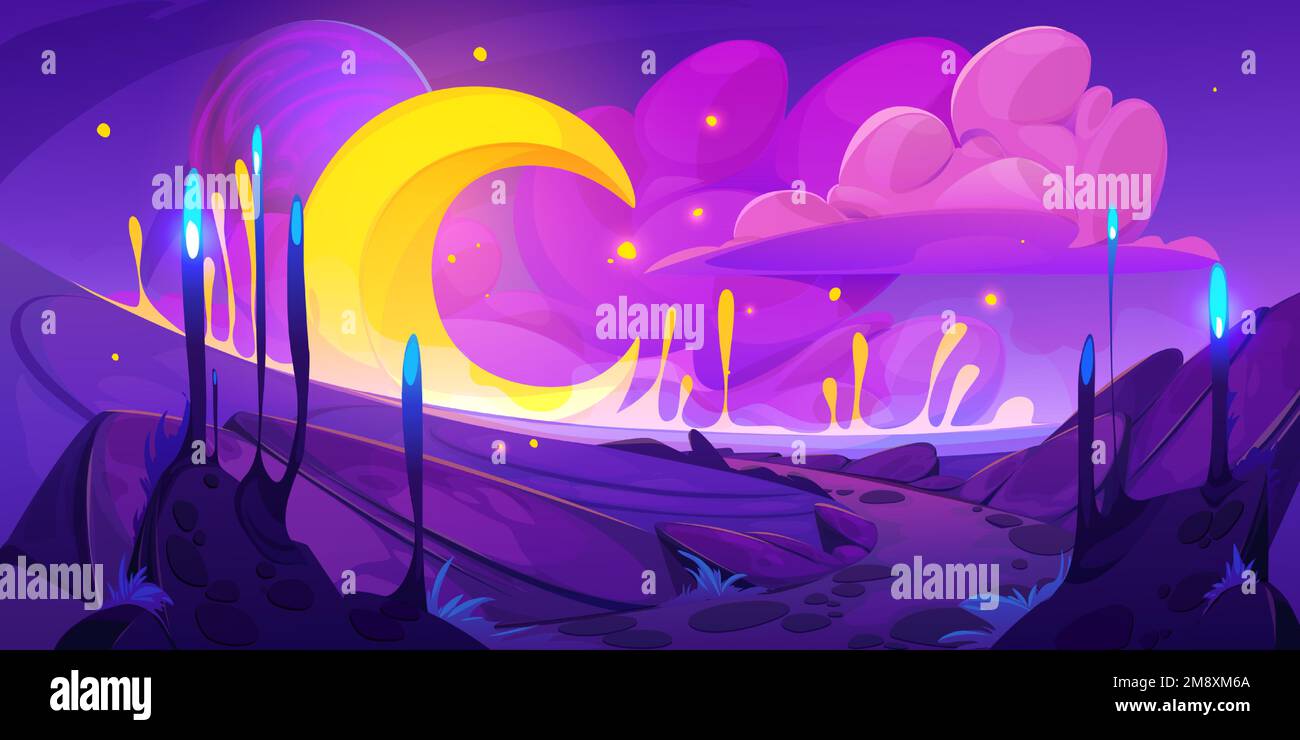 Fantasy cosmos illustration with alien planet landscape, moon and ...