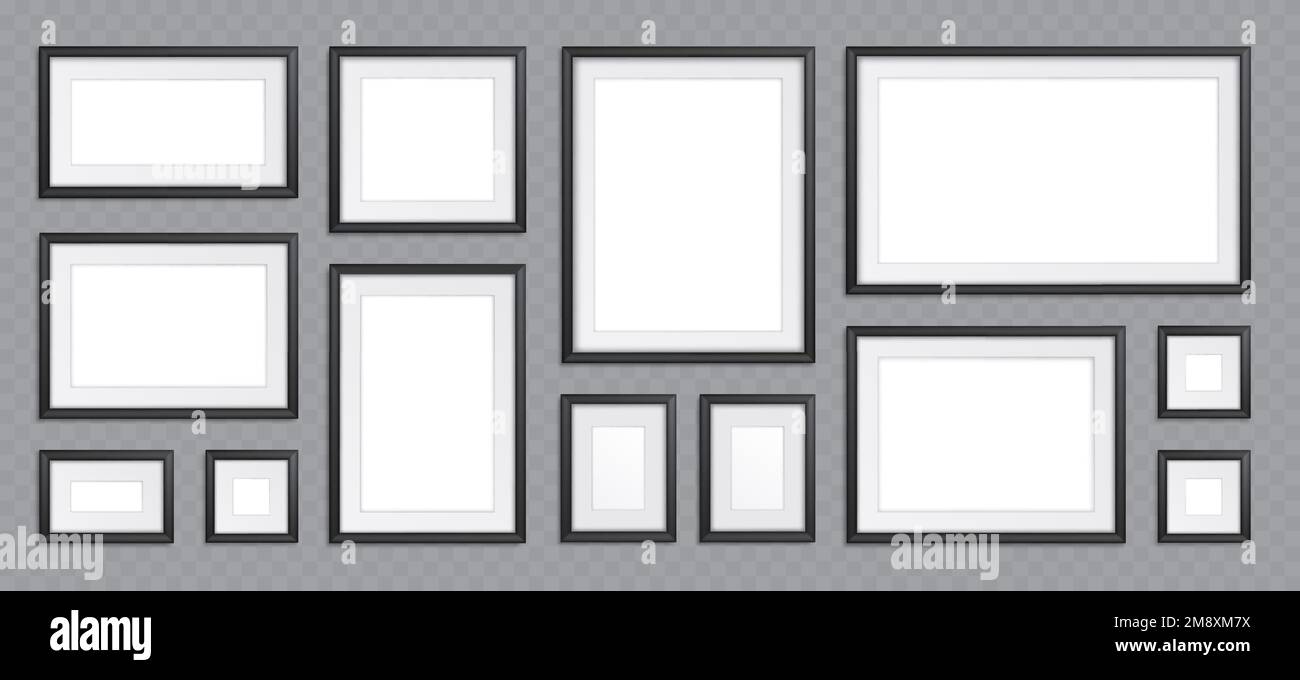 Composition of blank frames for pictures and photo. Art gallery wall collage of empty square and ...