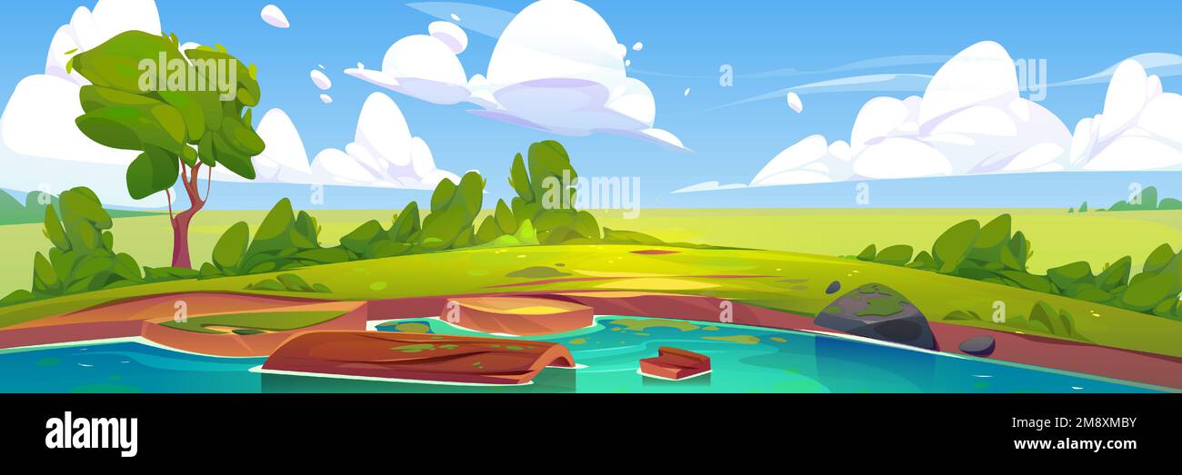 Nature scene with lake. Summer landscape with green trees, grass ...