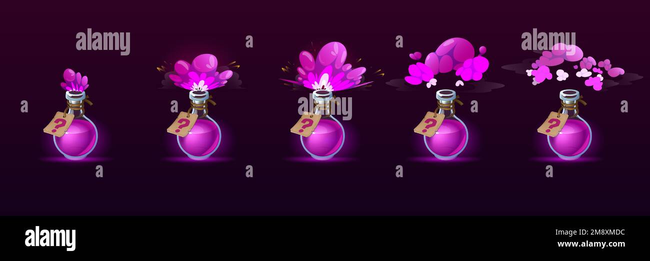 Potion bottle with puff cloud animation set isolated on background ...