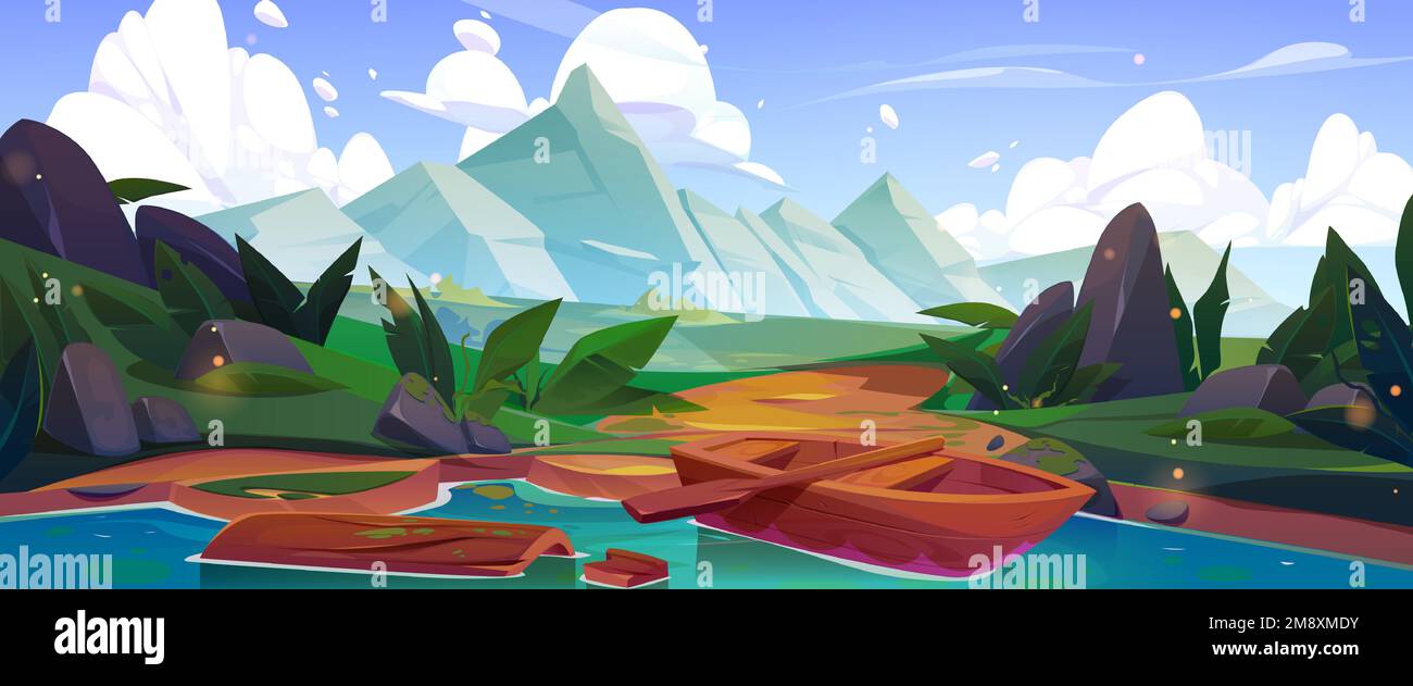 Mountain valley scene with lake and boat. Nature panorama, summer ...