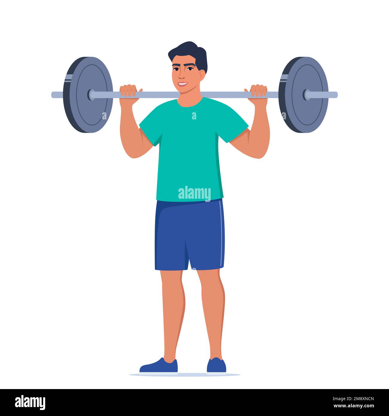 Man doing Standing barbell shoulder press exercise. Flat vector ...