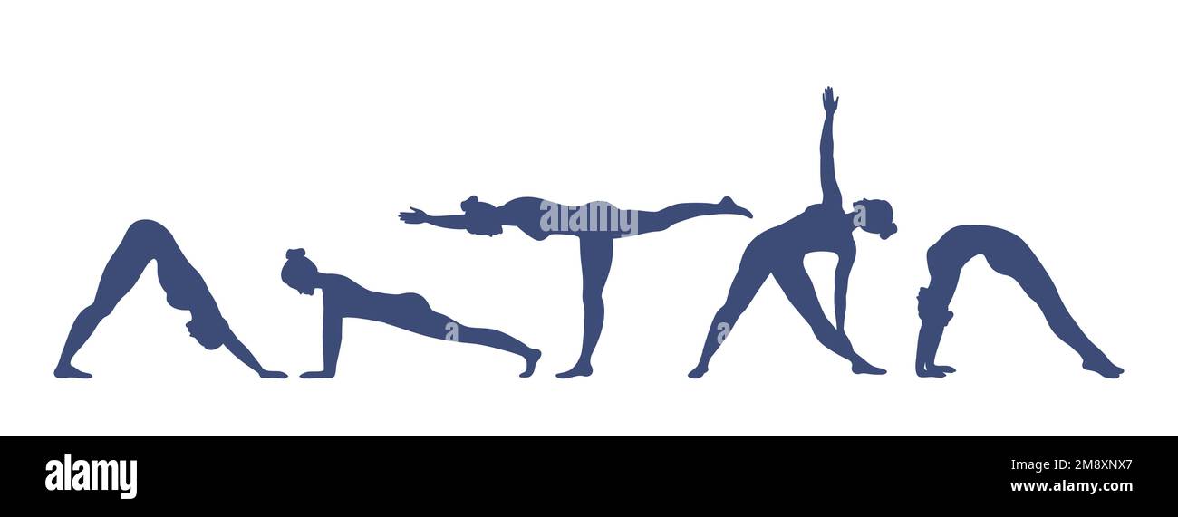 Set of yoga poses. Young women do yoga exercises. Healthy lifestyle ...