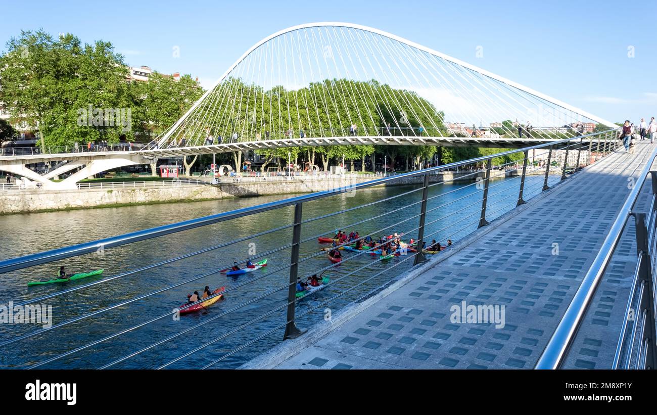 Architectural detail of the Zubizuri footbridge located at the banks of ...