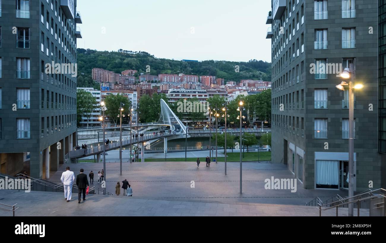 Architectural detail of the city of Bilbao's downtown with the Zubizuri ...