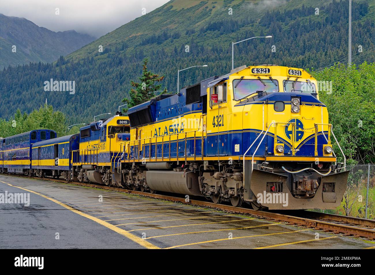 Alaska Railroad, locomotive and passenger cars, Seward, Kenai Peninsula ...