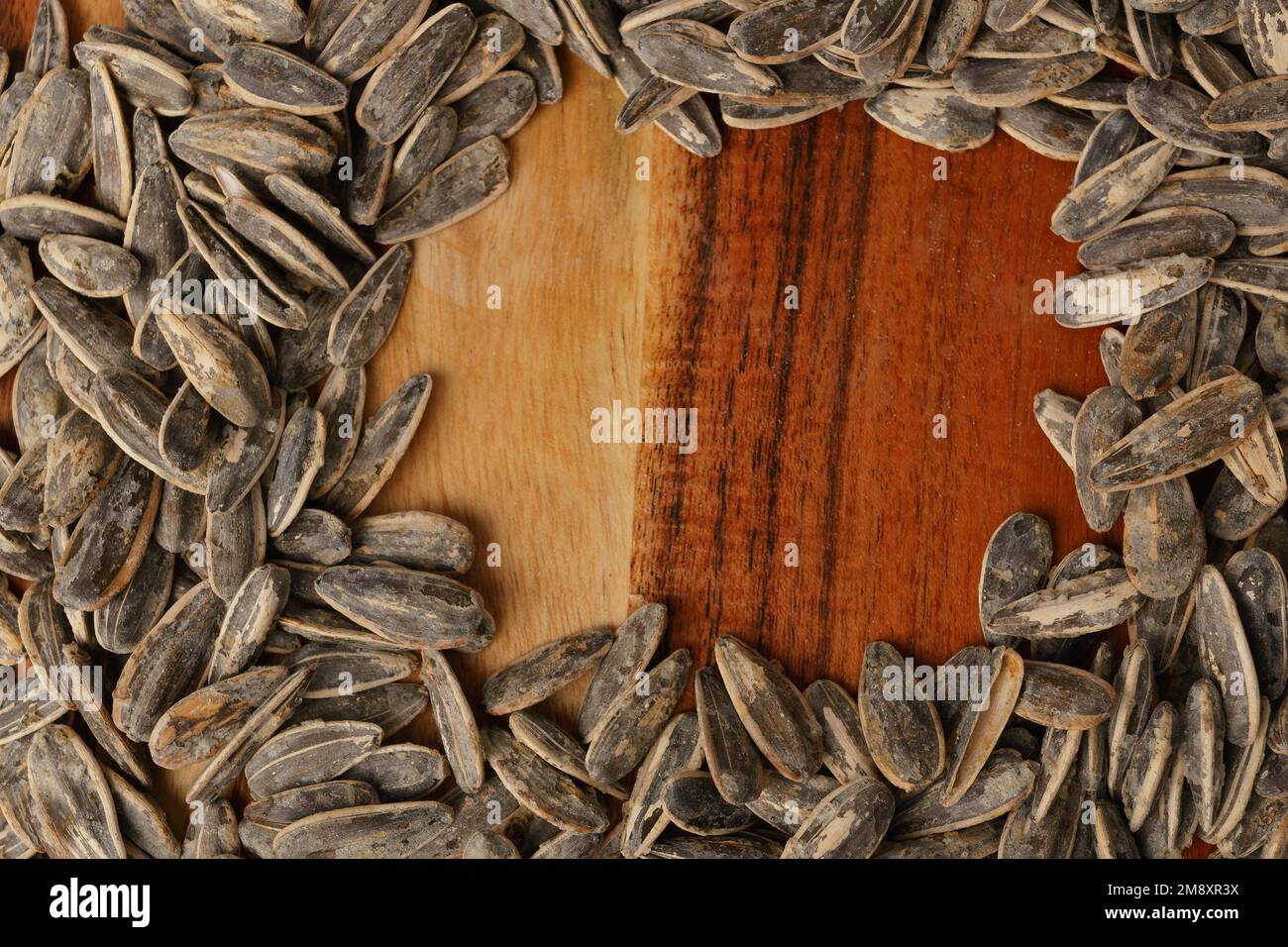 Roasted sunflower seeds with salt on a wooden table with copy space in ...