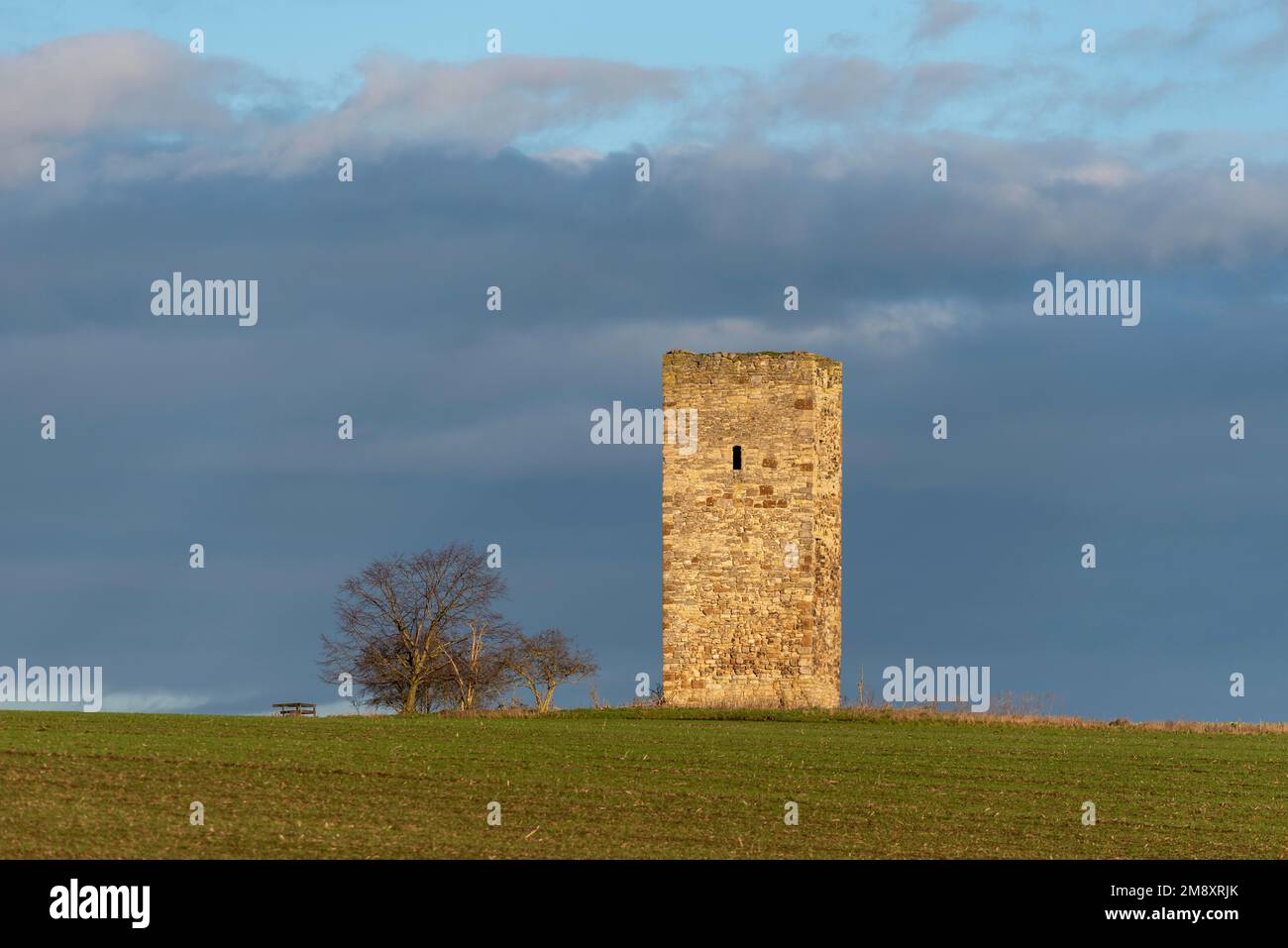Medieval watchtower, Blue Watch, dark clouds, Magdeburger Boerde ...