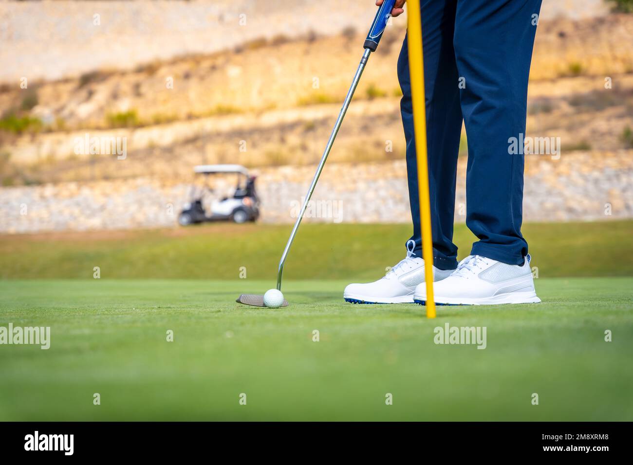 Playing golf at golf club on the green, hitting the ball with the ...